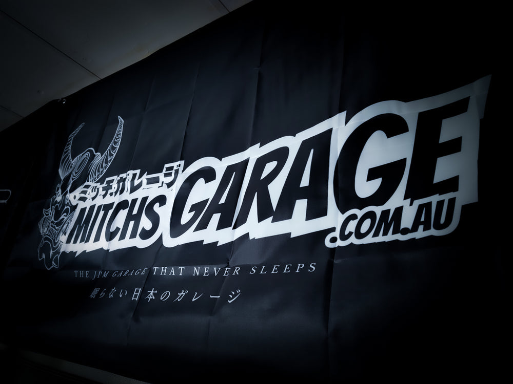 Mitch's Garage "The JDM Garage That Never Sleeps" Workshop Banner Flag